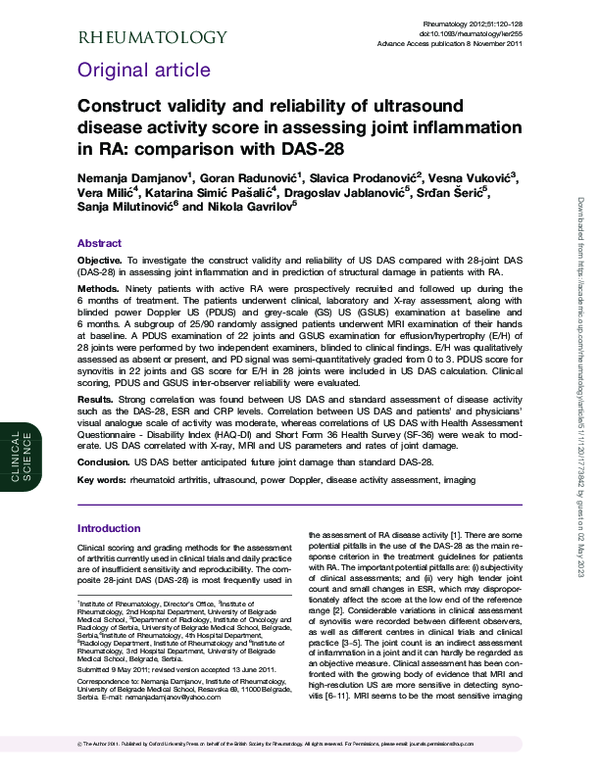 (PDF) Construct validity and reliability of ultrasound disease activity ...