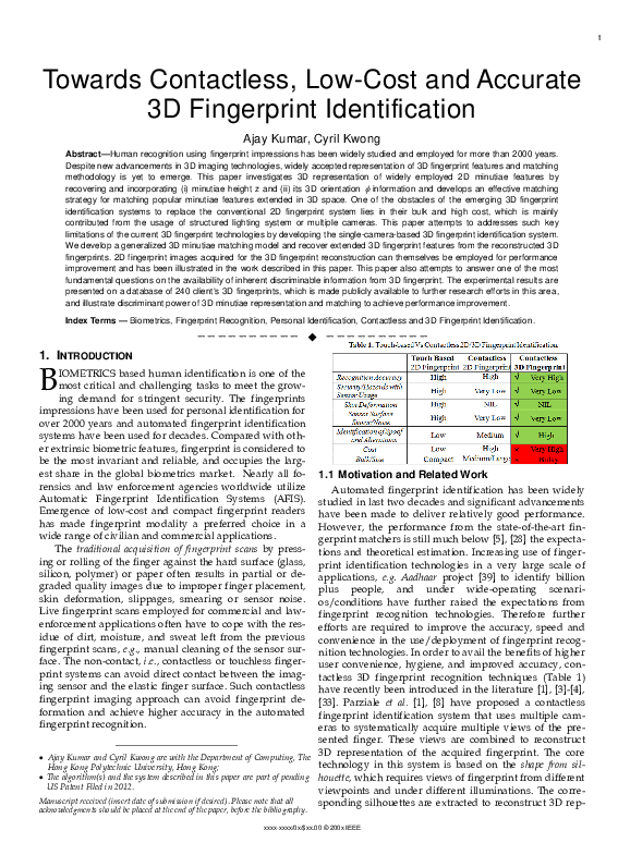 (PDF) Towards Contactless, Low-Cost and Accurate 3D Fingerprint Identification