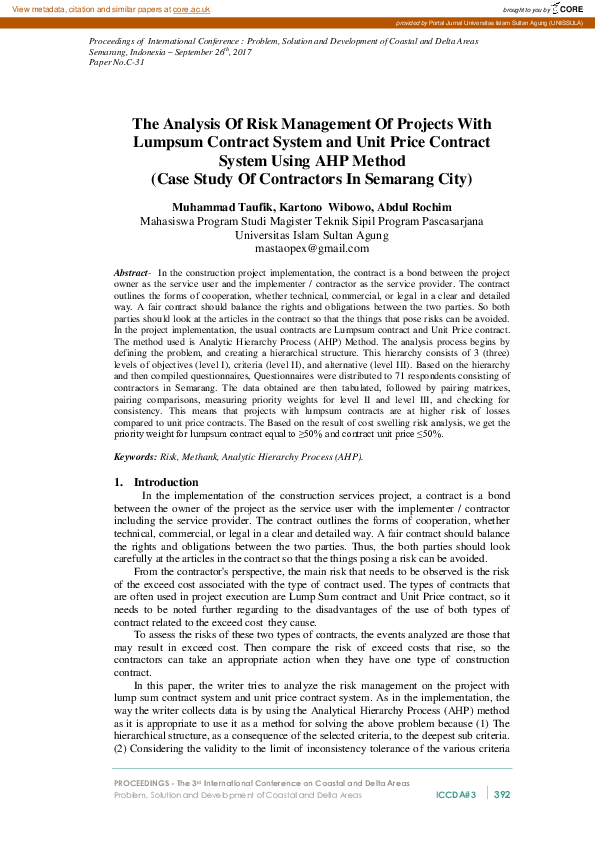 (PDF) The Analysis Of Risk Management Of Projects With Lumpsum Contract System and Unit Price ...