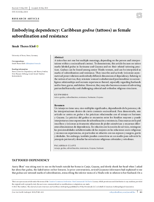 (PDF) Embodying dependency: Caribbean godna (tattoos) as female ...