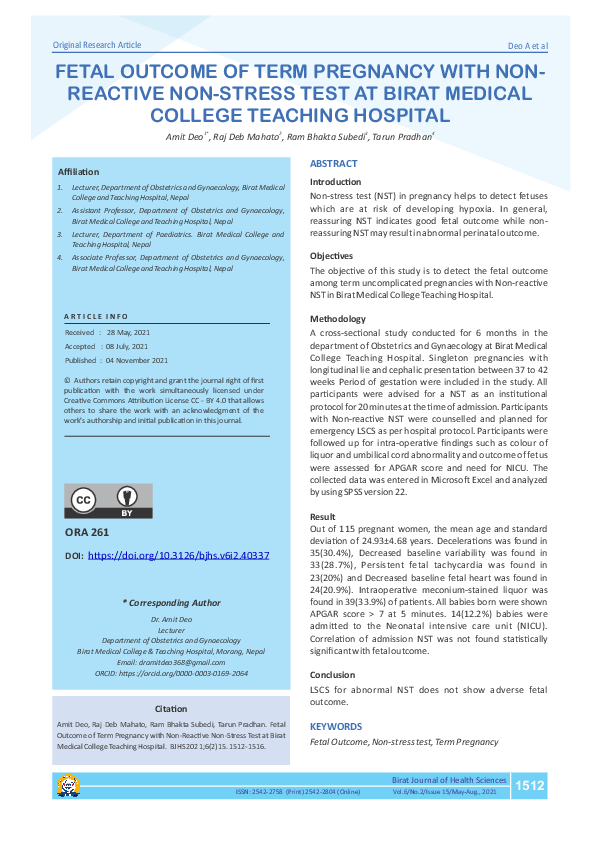 (PDF) Fetal Outcome of Term Pregnancy with Non-Reactive Non-Stress Test ...