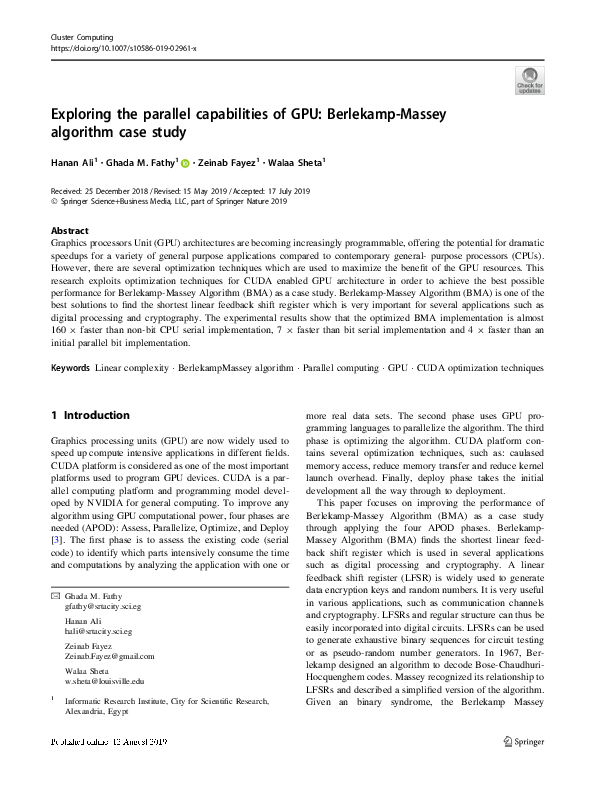 (PDF) Exploring the parallel capabilities of GPU: Berlekamp-Massey algorithm case study | Hanan ...