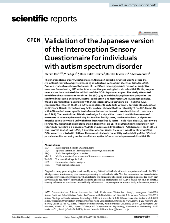 (PDF) Validation of the Japanese version of the Interoception Sensory ...