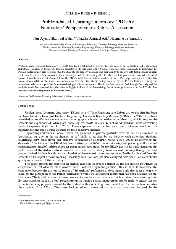 (PDF) Problem-Based Learning Laboratory (PBLab): Facilitators’ Perspective on Rubric Assessment