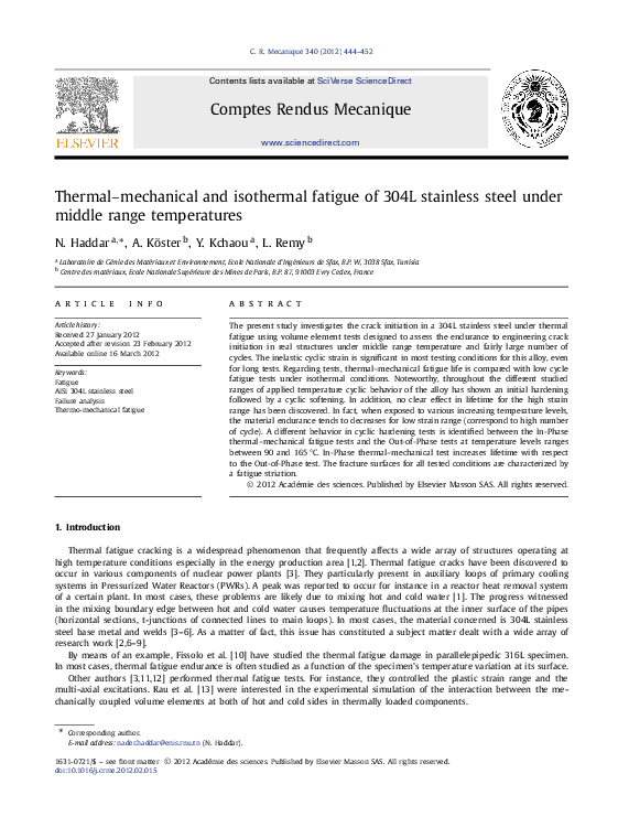 (PDF) Thermal–mechanical and isothermal fatigue of 304L stainless steel ...