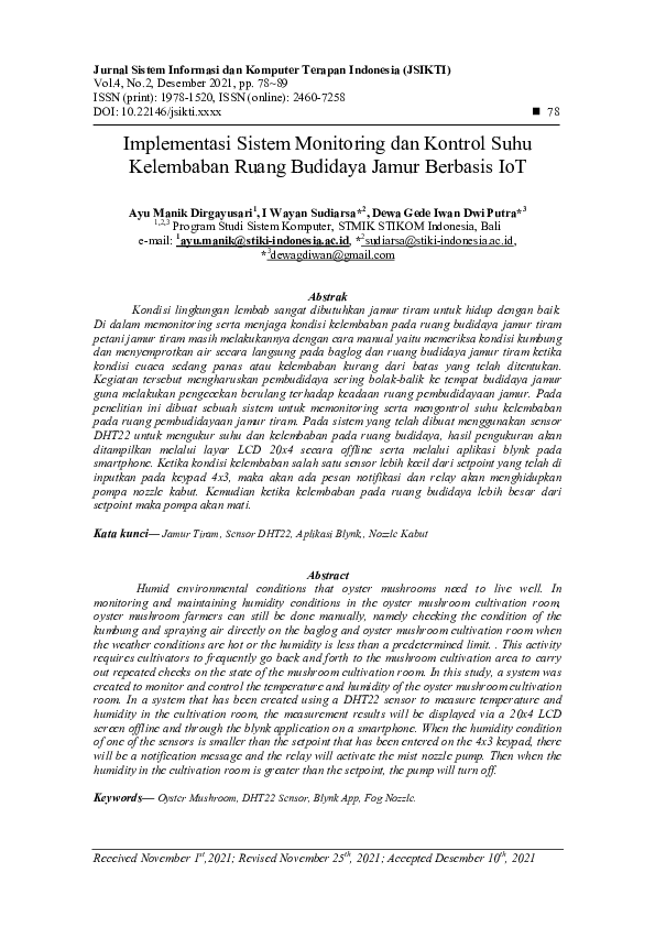 Pdf Implementasi Sistem Monitoring Dan Kontrol Suhu Kelembaban Ruang Budidaya Jamur Berbasis Iot