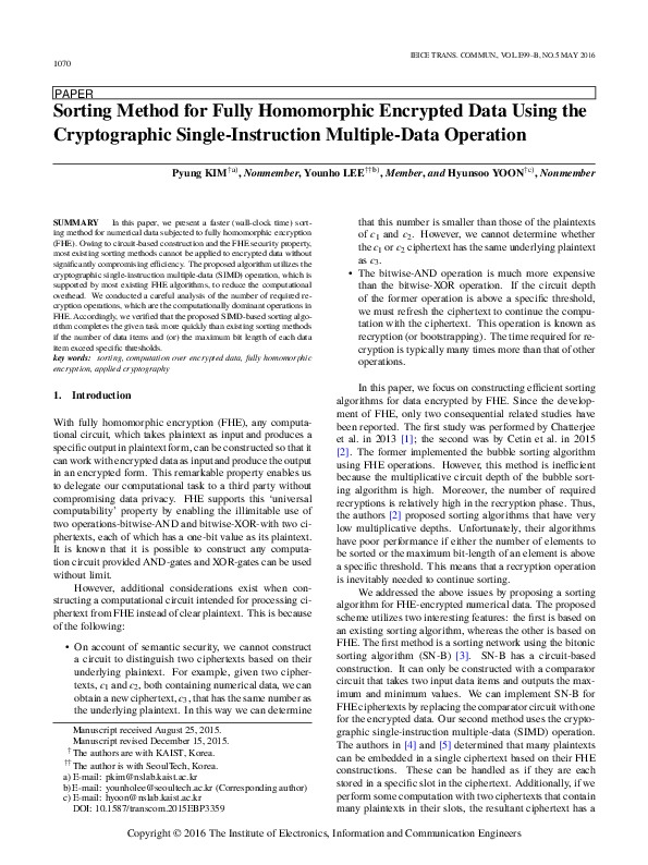 (PDF) Sorting Method for Fully Homomorphic Encrypted Data Using the Cryptographic Single ...