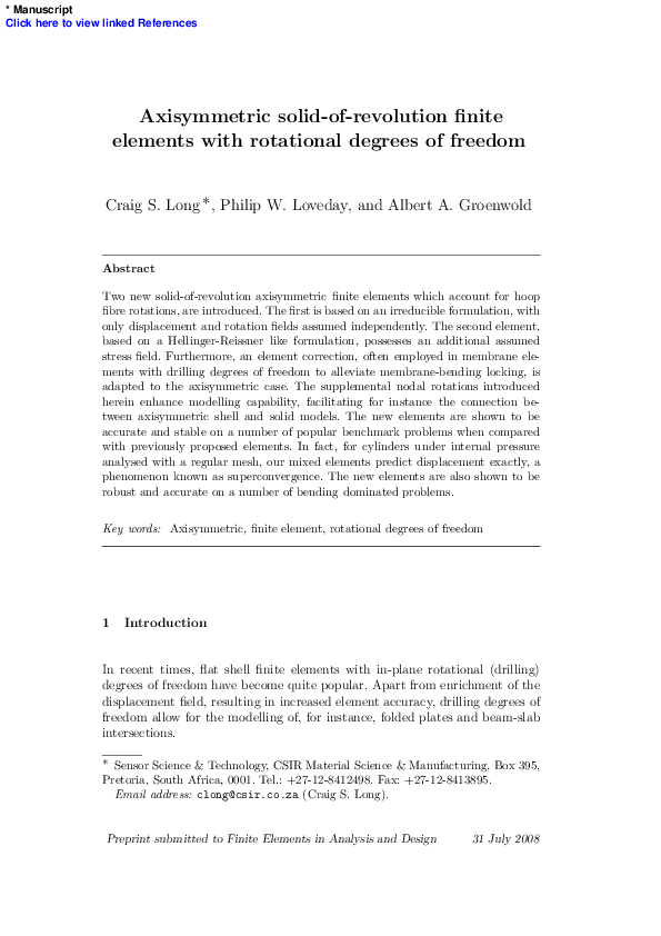 Pdf Axisymmetric Solid Of Revolution Finite Elements With Rotational