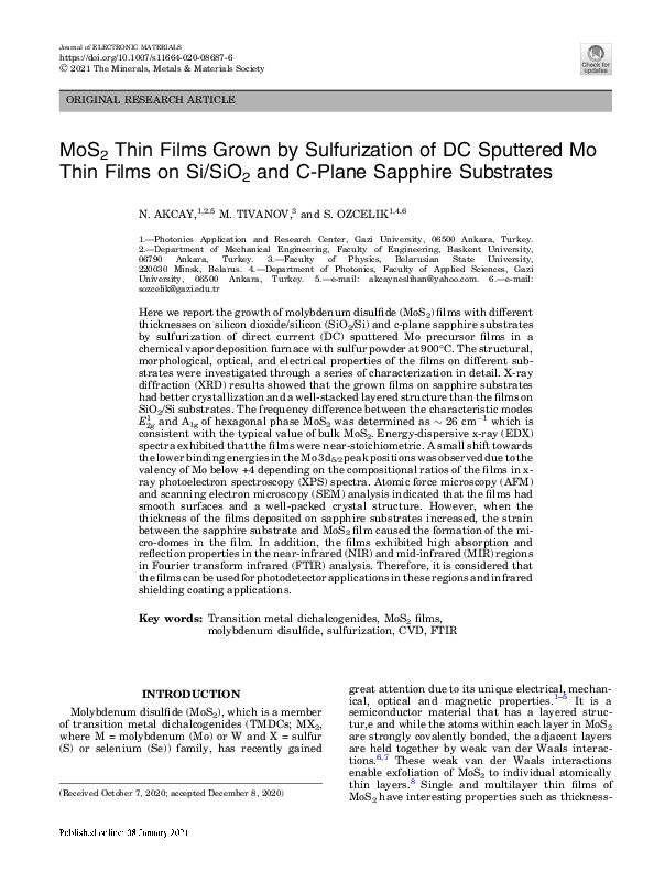 (PDF) MoS2 Thin Films Grown by Sulfurization of DC Sputtered Mo Thin ...