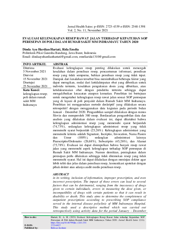 (PDF) Evaluasi Kelengkapan Resep Rawat Jalan terhadap Kepatuhan SOP Peresepan di Poli dalam ...