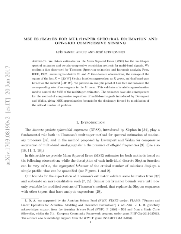 Pdf Mse Estimates For Multitaper Spectral Estimation And Off Grid Compressive Sensing