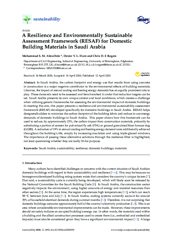 (PDF) A Resilience and Environmentally Sustainable Assessment Framework (RESAF) for Domestic ...