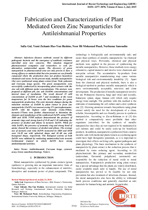 (PDF) Fabrication and Characterization of Plant Mediated Green Zinc Nanoparticles for ...
