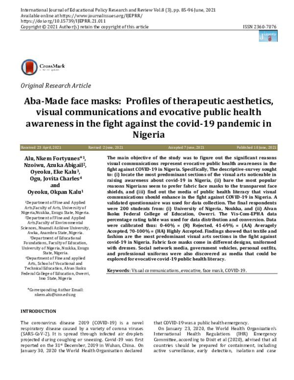 (PDF) Aba Made Face Masks Profiles of Therapeutic Aesthetics Visual ...