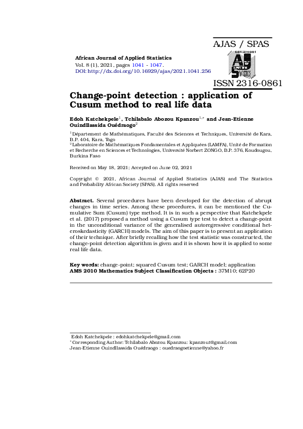 (PDF) AJAS / SPAS ISSN 2316-0861 Change-point detection : application of Cusum method to real ...