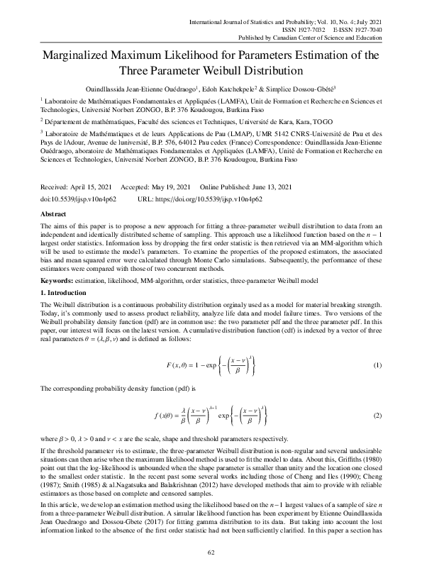 Pdf Marginalized Maximum Likelihood For Parameters Estimation Of The Three Parameter Weibull