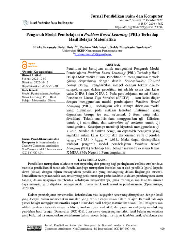 (PDF) Pengaruh Model Pembelajaran Problem Based Learning (PBL) Terhadap ...