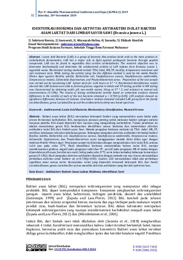 (PDF) IDENTIFIKASI BIOKIMIA DAN AKTIVITAS ANTIBAKTERI ISOLAT BAKTERI ASAM LAKTAT DARI LIMBAH ...