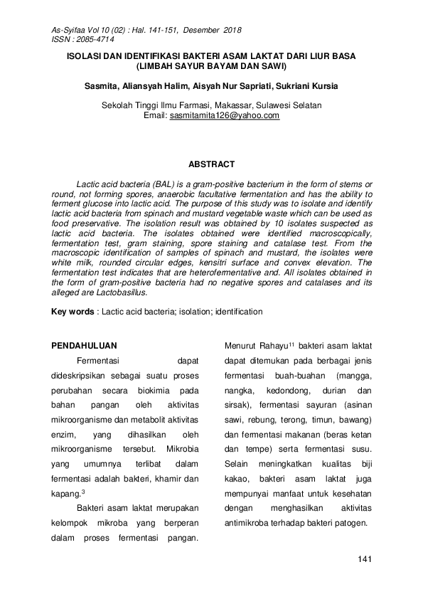 (PDF) Isolasi Dan Identifikasi Bakteri Asam Laktat Dari Liur Basa (Limbah Sayur Bayam Dan Sawi)