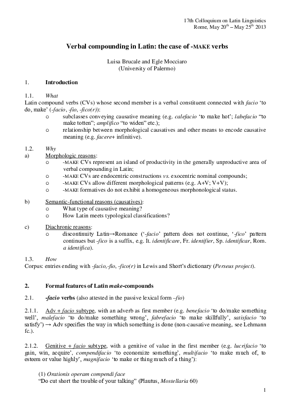 (PDF) Verbal compounding in Latin: the case of -MAKE verbs