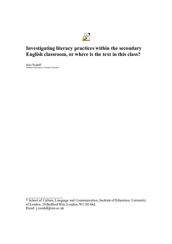 (PDF) Investigating literacy practices within the secondary English classroom, or where is the ...