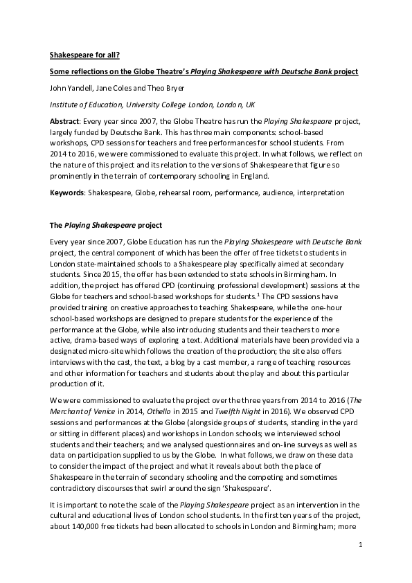 (PDF) Shakespeare for All? Some Reflections on the Globe Theatre’s ...