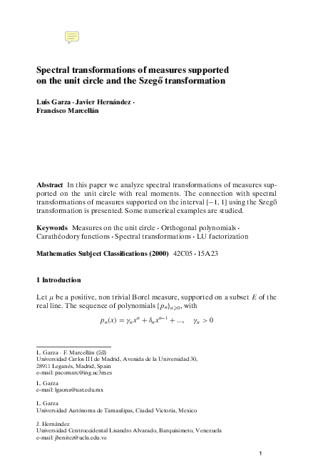 (PDF) Spectral transformations of measures supported on the unit circle and the Szegő transformation