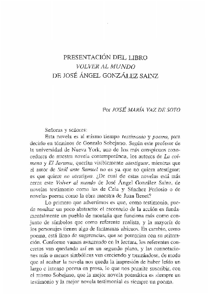 (PDF) Presentación del libro Volver al mundo de José Ángel González Sainz
