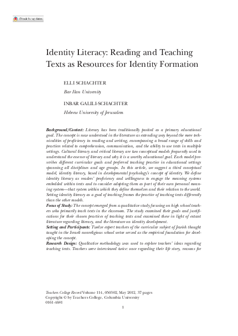 (PDF) Identity Literacy: Reading and Teaching Texts as Resources for ...