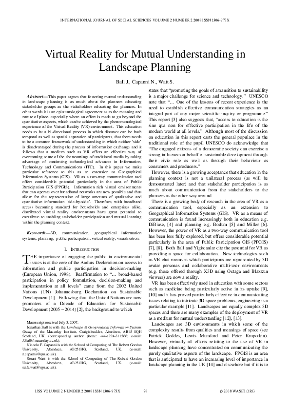 (PDF) Virtual Reality For Mutual Understanding In Landscape Planning