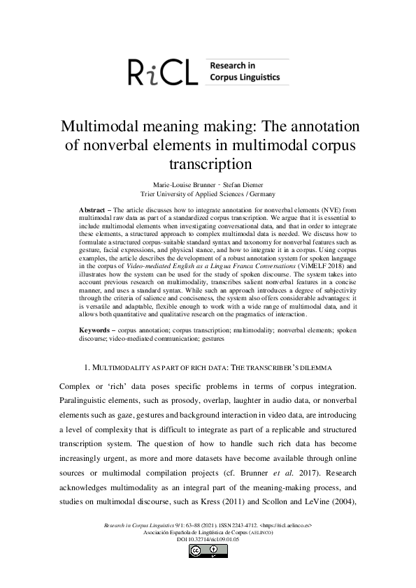 (PDF) Multimodal meaning making: The annotation of nonverbal elements in multimodal corpus ...
