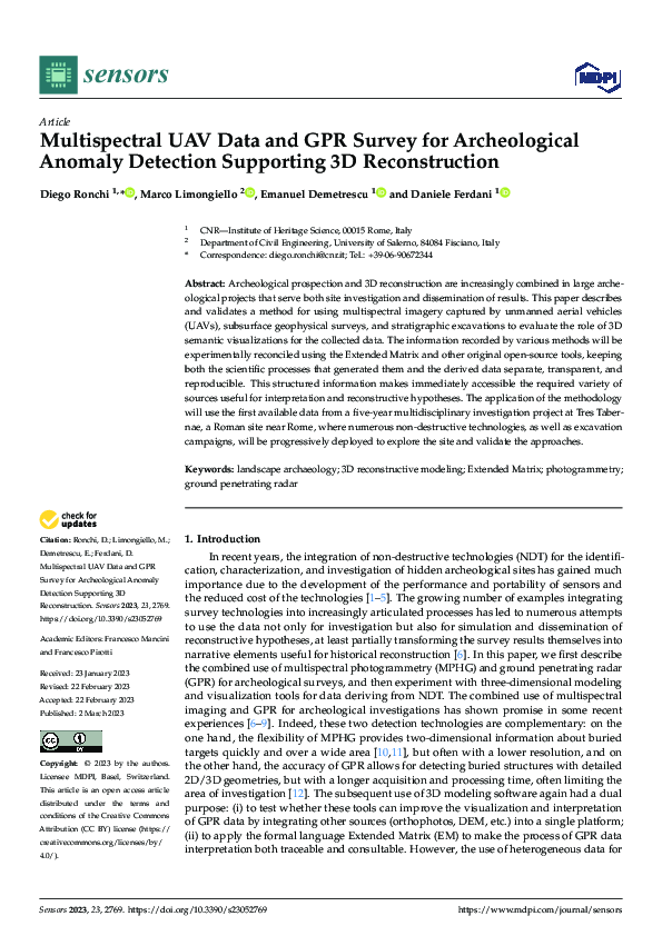 Pdf Multispectral Uav Data And Gpr Survey For Archeological Anomaly Detection Supporting 3d