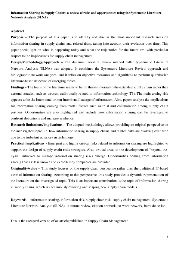 (PDF) Information sharing in supply chains: a review of risks and opportunities using the ...