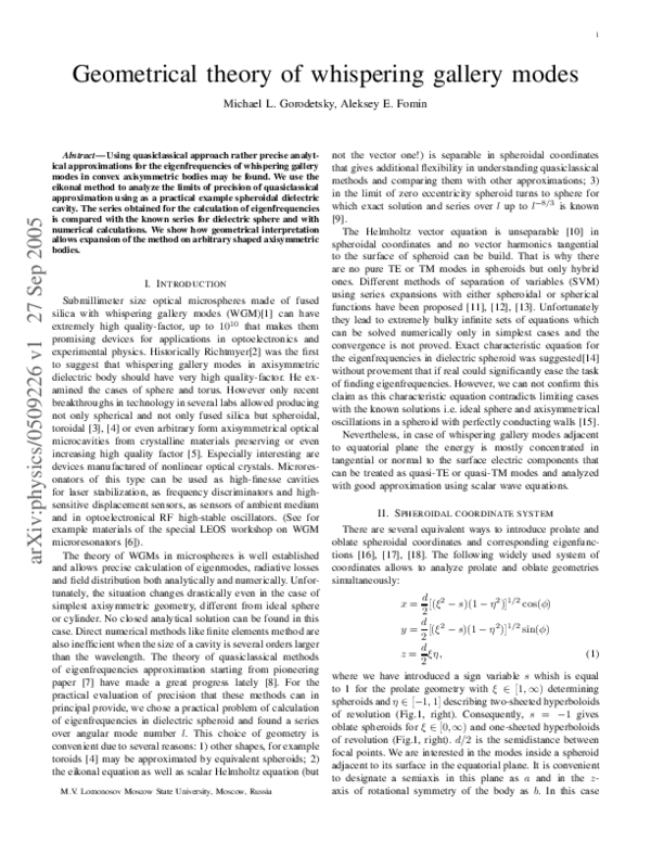 (PDF) Geometrical theory of whispering-gallery modes