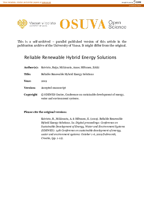 (PDF) Reliable Renewable Hybrid Energy Solutions