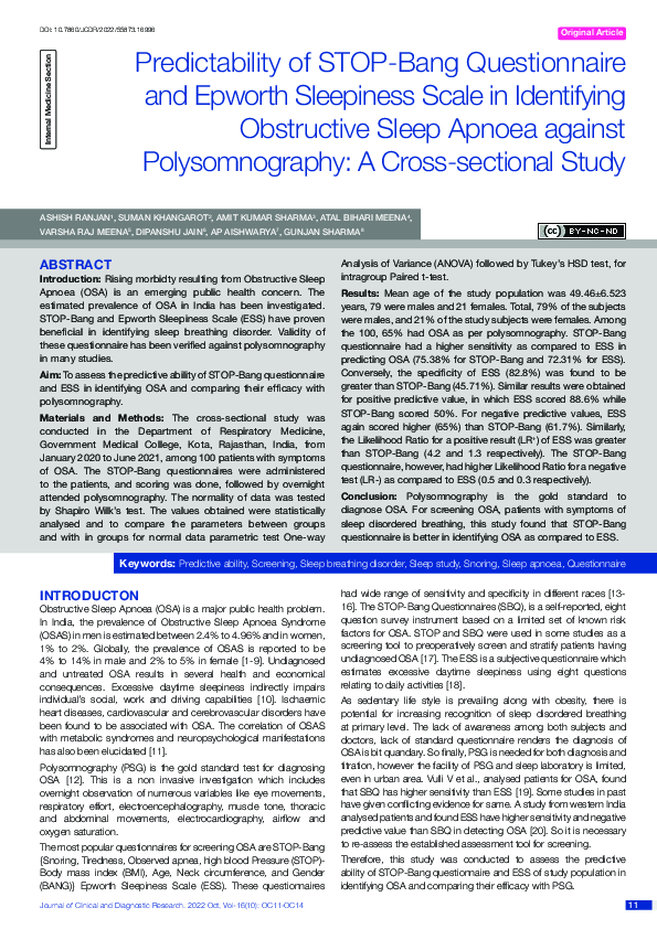 (PDF) Predictability of STOP-Bang Questionnaire and Epworth Sleepiness ...