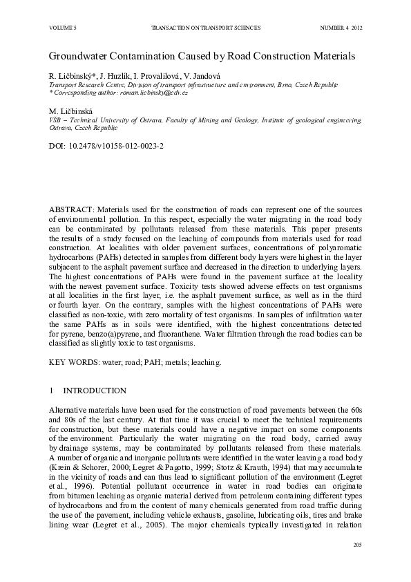 (PDF) Groundwater Contamination Caused by Road Construction Materials