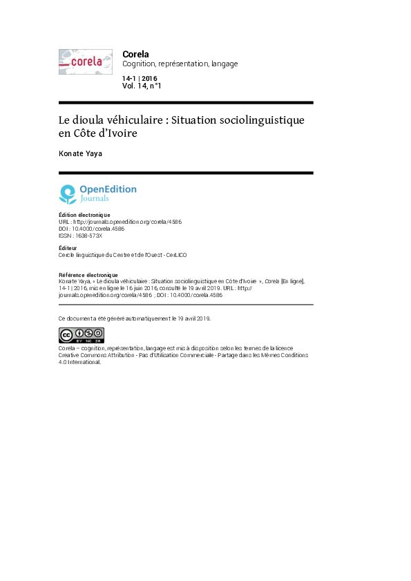 (PDF) Le dioula véhiculaire : Situation sociolinguistique en Côte d’Ivoire