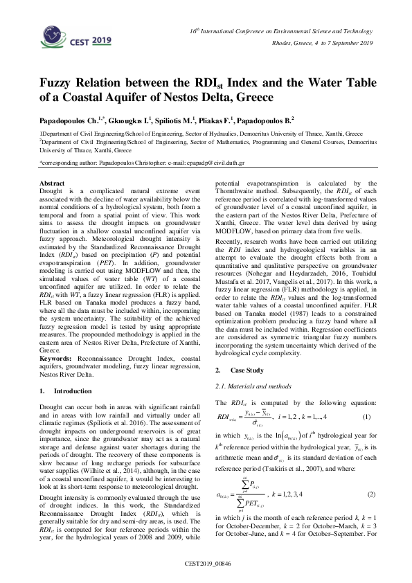 (PDF) Fuzzy Relation Between The RDIst Index And The Water Table Of A Coastal Aquifer of Nestos ...