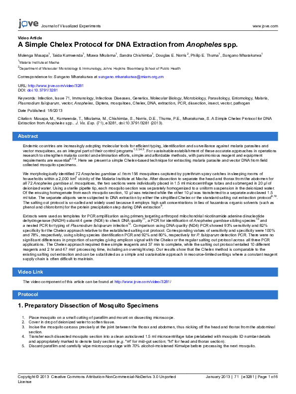 A Simple Chelex Protocol for DNA Extraction from Anopheles spp