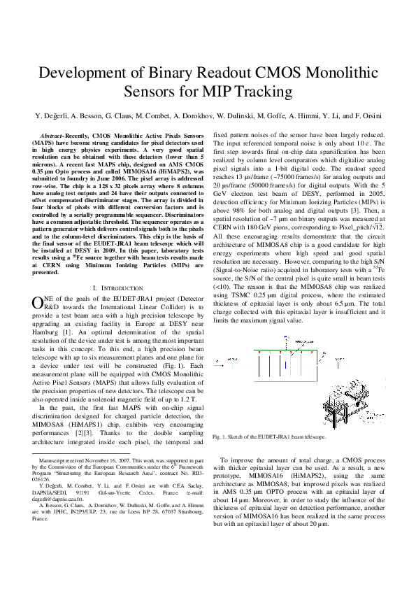(PDF) Development of Binary Readout CMOS Monolithic Sensors for MIP Tracking