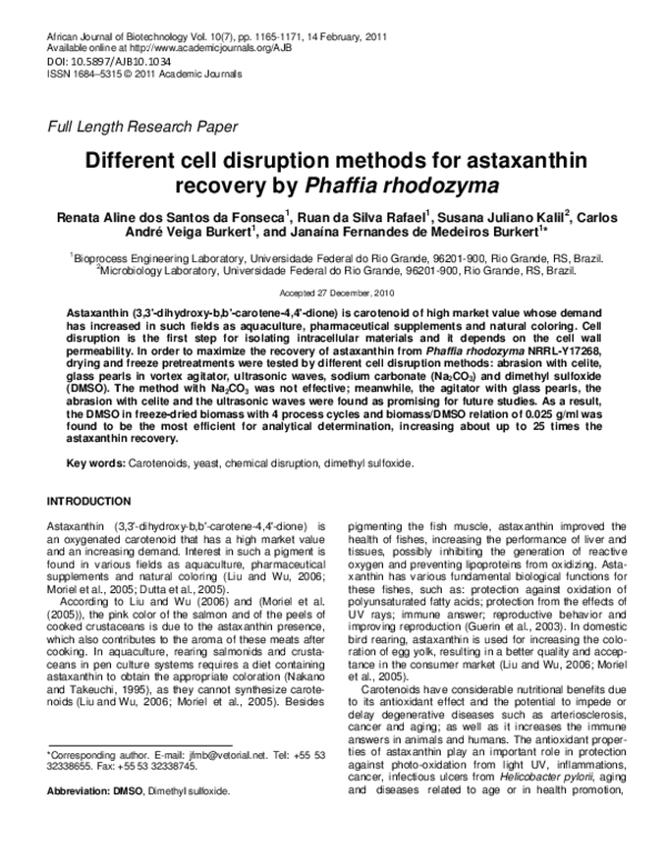 (PDF) Different cell disruption methods for astaxanthin recovery by Phaffia rhodozyma