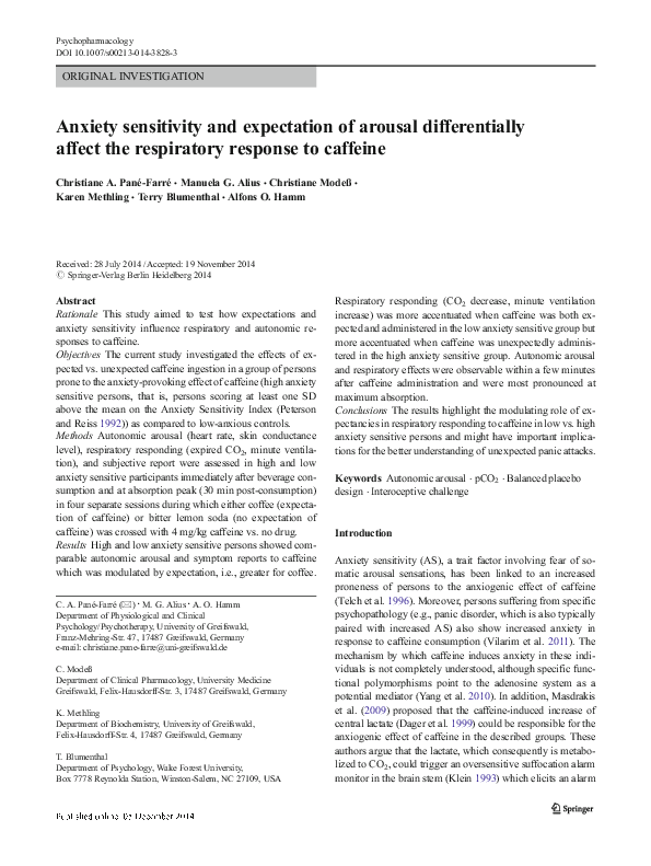 (PDF) Anxiety sensitivity and expectation of arousal differentially ...