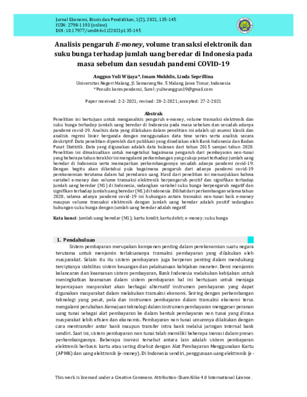 (PDF) Analisis pengaruh E-money, volume transaksi elektronik dan suku bunga terhadap jumlah uang ...