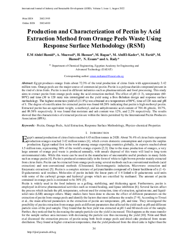 (PDF) Production and Characterization of Pectin by Acid Extraction Method from Orange Peels ...