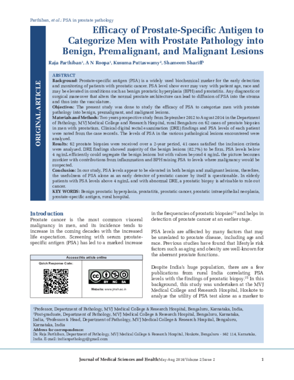 (PDF) Efficacy of Prostate-Specific Antigen to Categorize Men with Prostate Pathology into ...