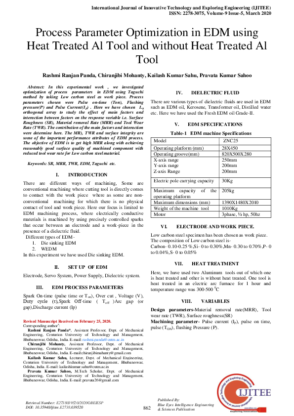 (PDF) Process Parameter Optimization in EDM using Heat Treated Al Tool and without Heat Treated ...