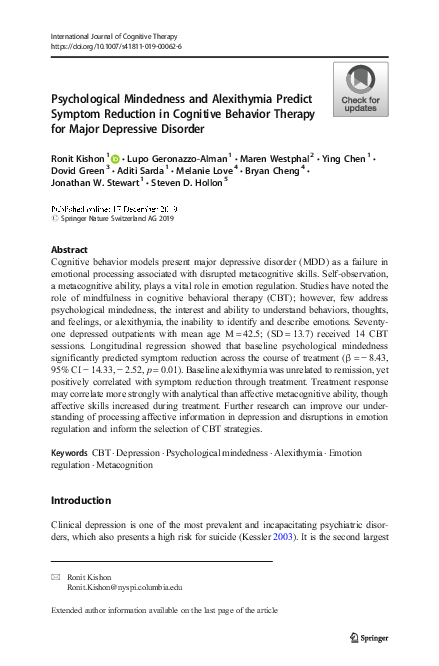 (PDF) Psychological Mindedness and Alexithymia Predict Symptom Reduction in Cognitive Behavior ...