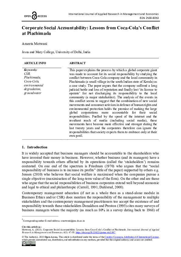 (PDF) Corporate Social Accountability: Lessons from Coca-Cola's ...