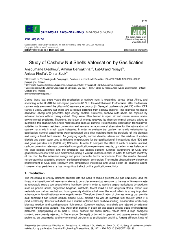 (PDF) Study of Cashew Nut Shells Valorisation by Gasification